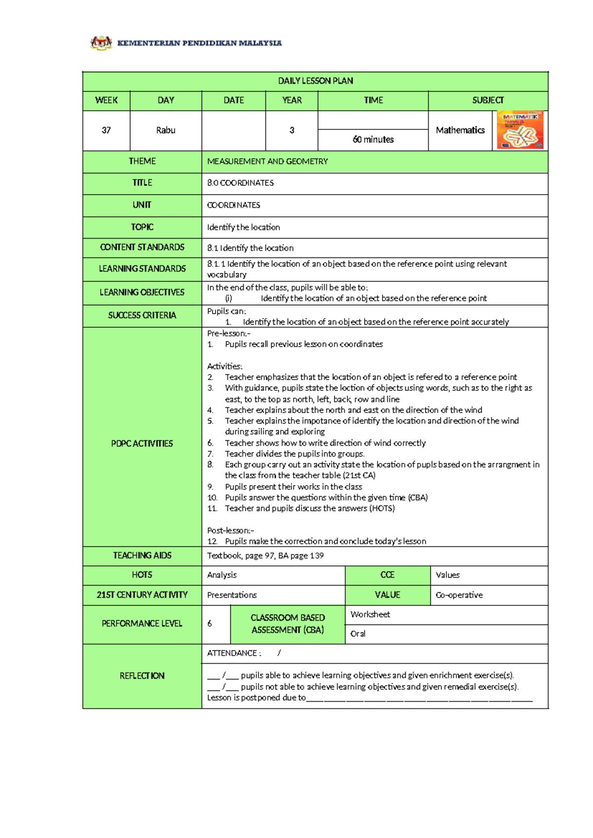 RPH MT DLP Y 3 Tajuk 8 (M37-M38) - DAILY LESSON PLAN WEEK DAY DATE YEAR TIME SUBJECT 37 Rabu 3 ...