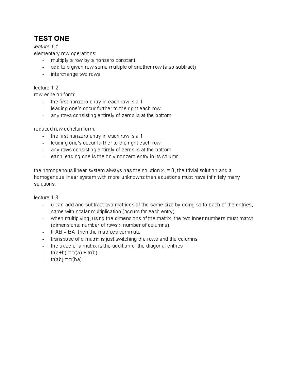 Linalg notes for test 1 and 2 - TEST ONE lecture 1. elementary row ...
