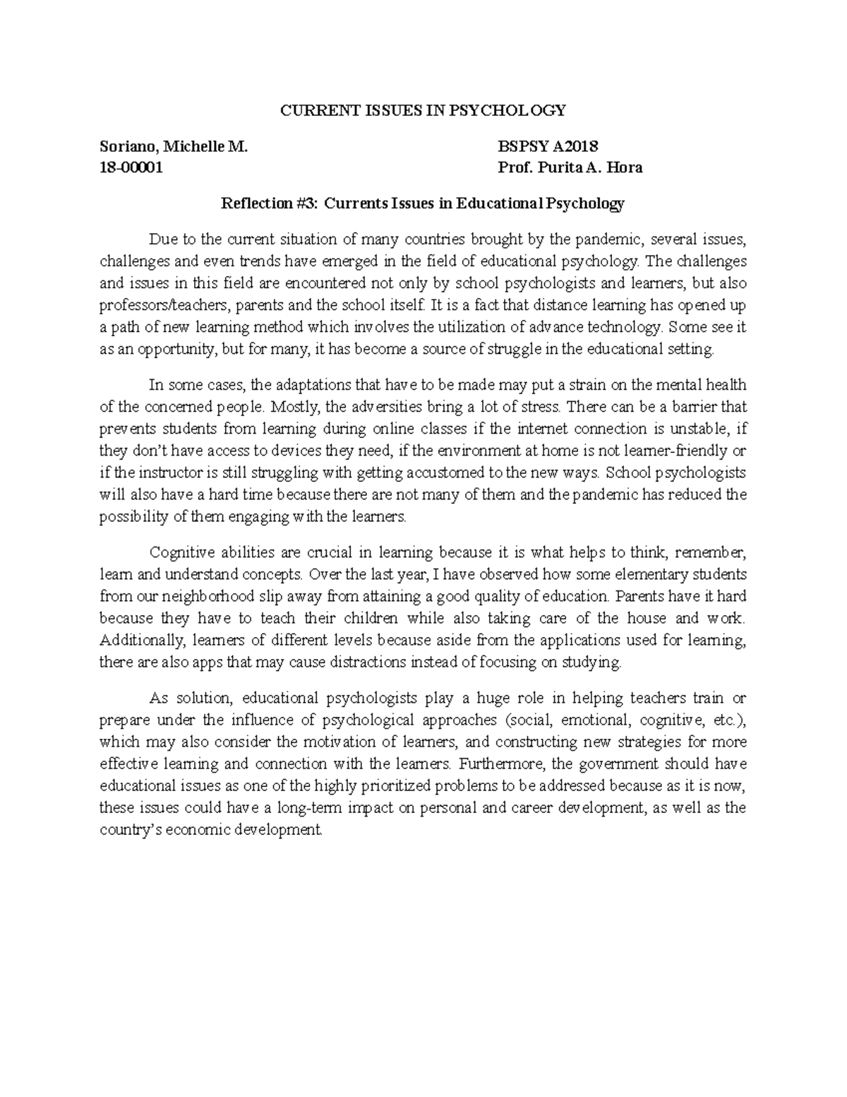 Current Issues In Educational Psychology Reflection CURRENT ISSUES