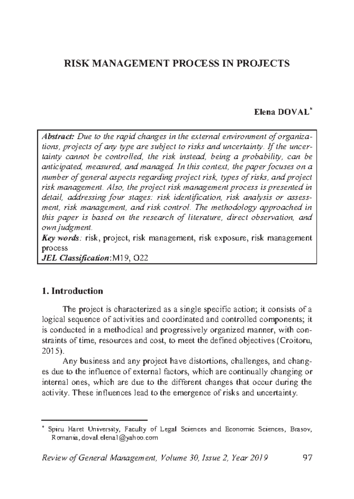 Project Risk Management Spm - Review of General Management, Volume 30 ...