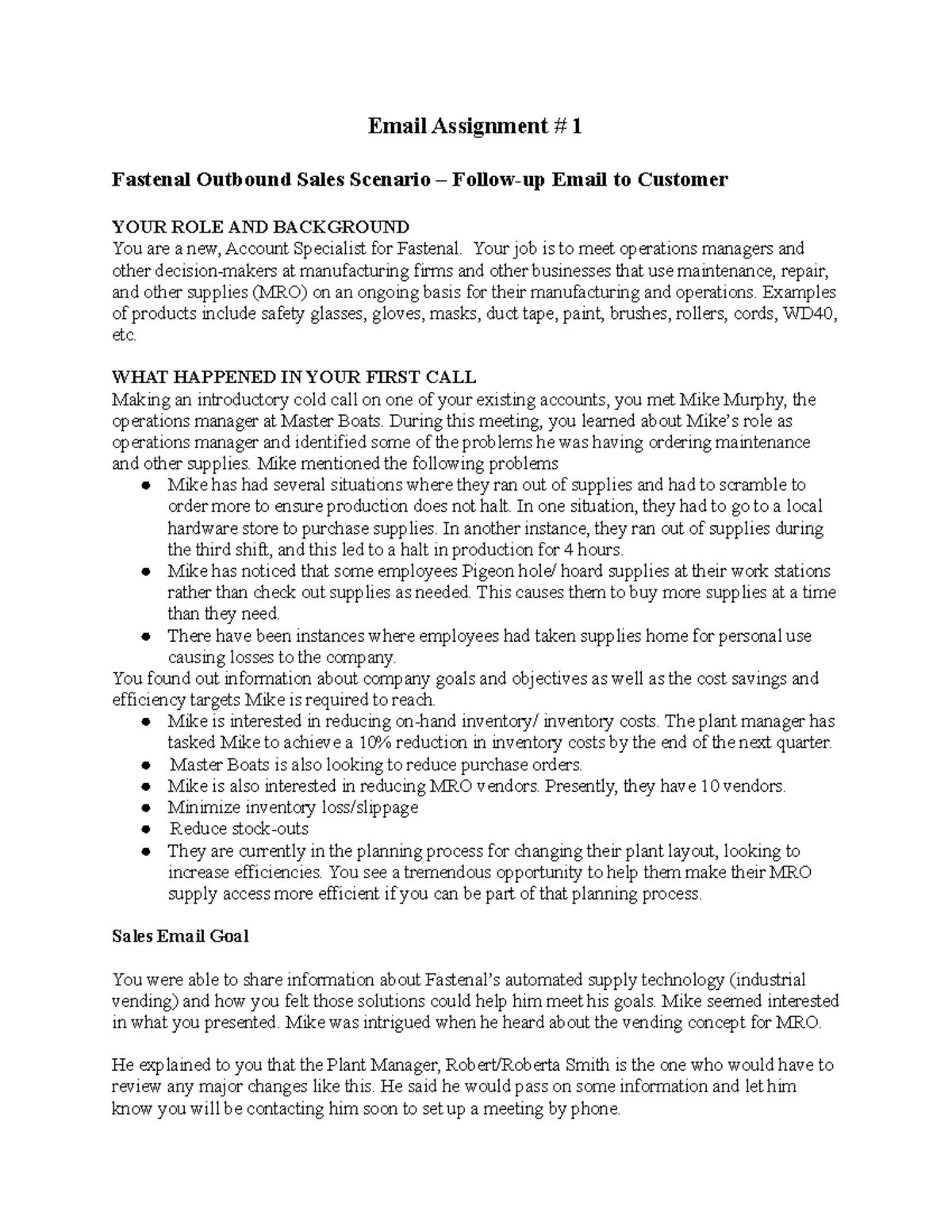 Fastenal Email Assignment - Email Assignment # 1 Fastenal Outbound ...