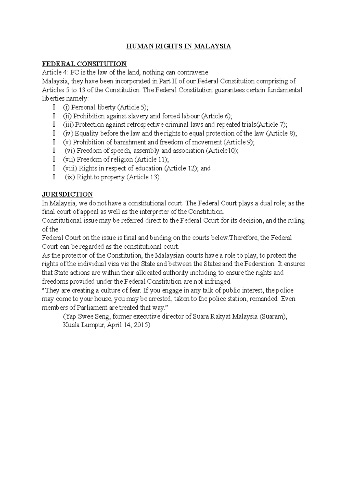 2 Human Rights IN Malaysia - HUMAN RIGHTS IN MALAYSIA FEDERAL ...