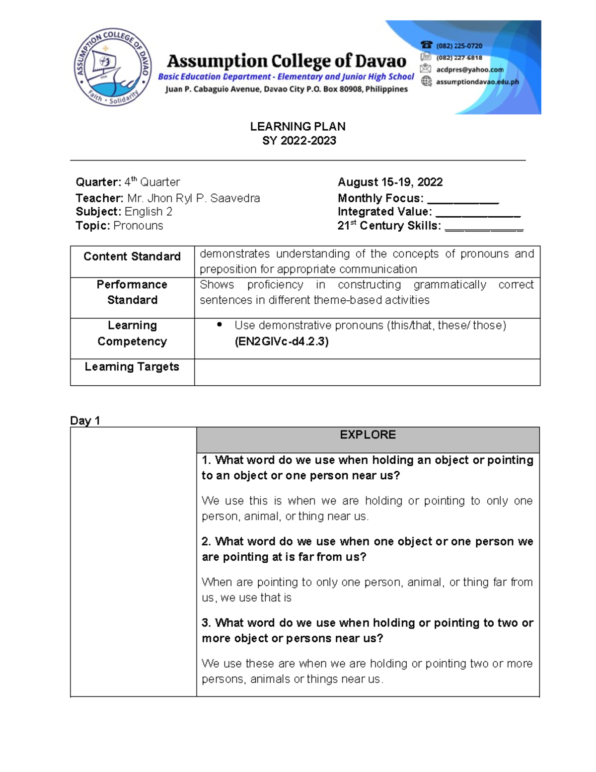 Pronoun - Lesson Plan - LEARNING PLAN SY 2022- Quarter: 4 th Quarter ...
