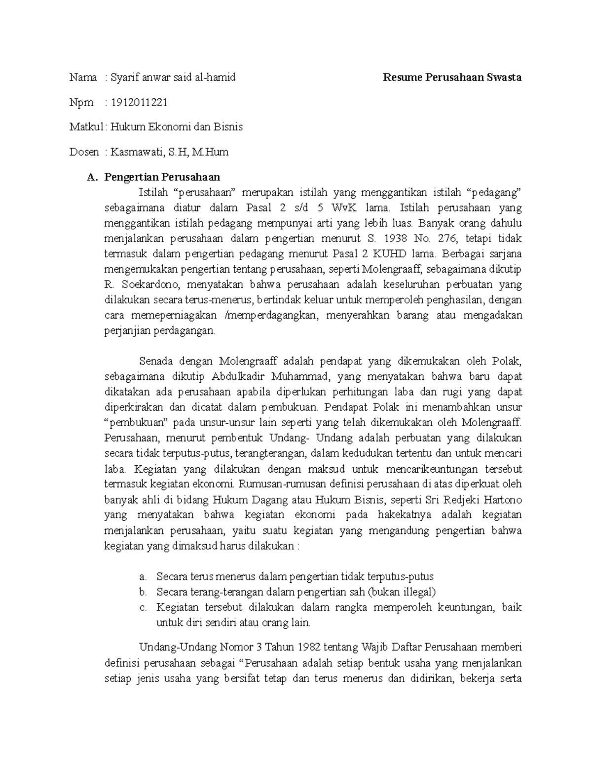 Hukum Ekonomi dan Bisnis - Nama : Syarif anwar said al-hamid Resume ...