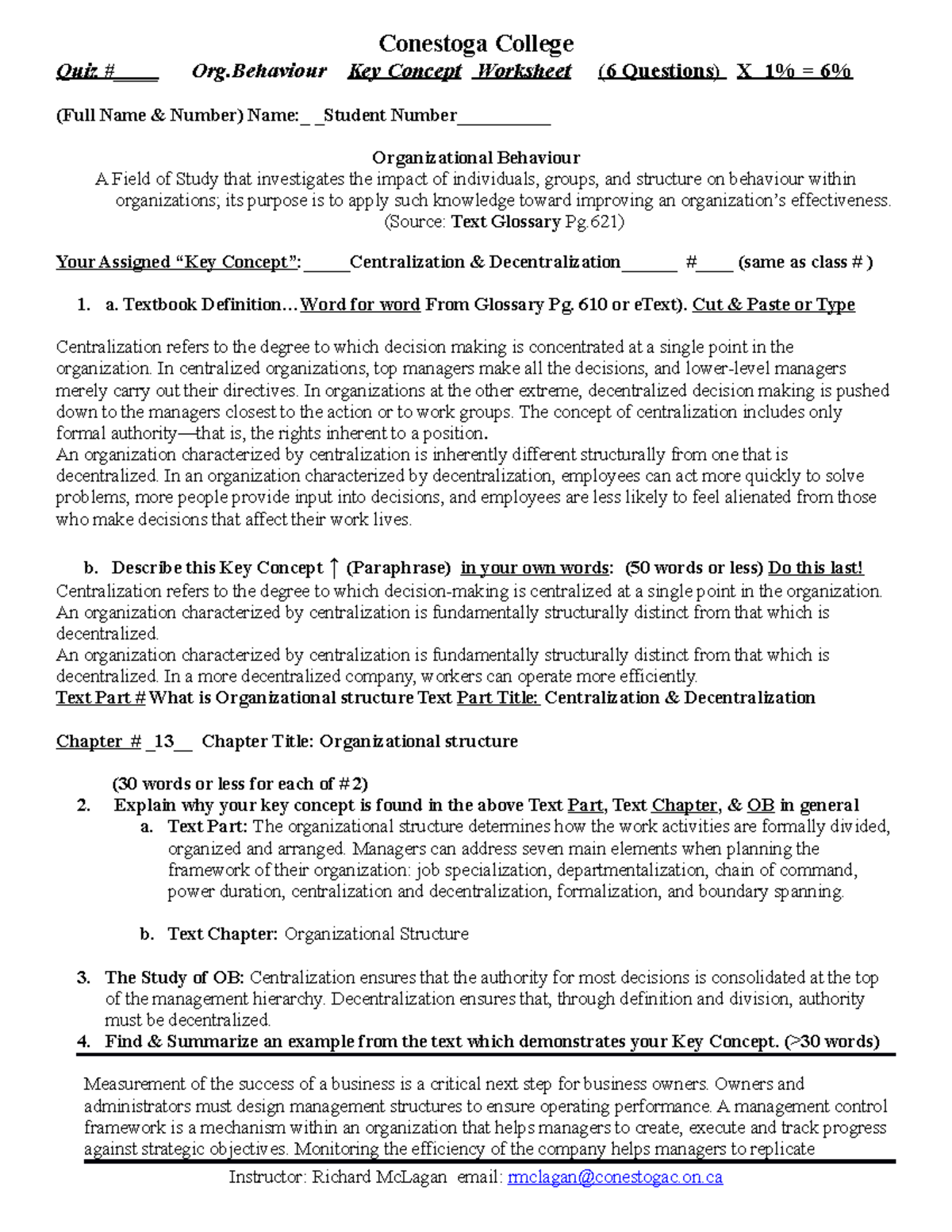 Key Concept-Quiz Worksheet - Conestoga College Quiz #____ Org Key ...