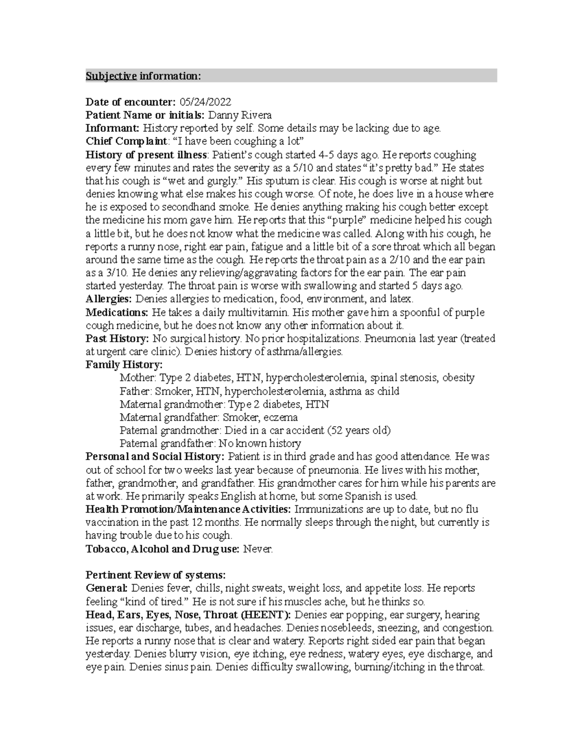 SOAP Focused Note DR Cough - Subjective information: Date of encounter ...