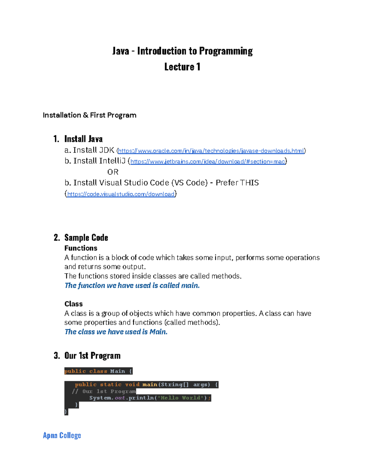 Java Lecture 1 merged - Java - Introduction to Programming Lecture 1 Installation & First - Studocu