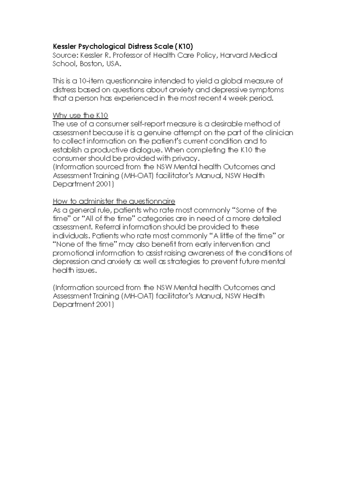 K10 English - psycological test - Kessler Psychological Distress Scale ...