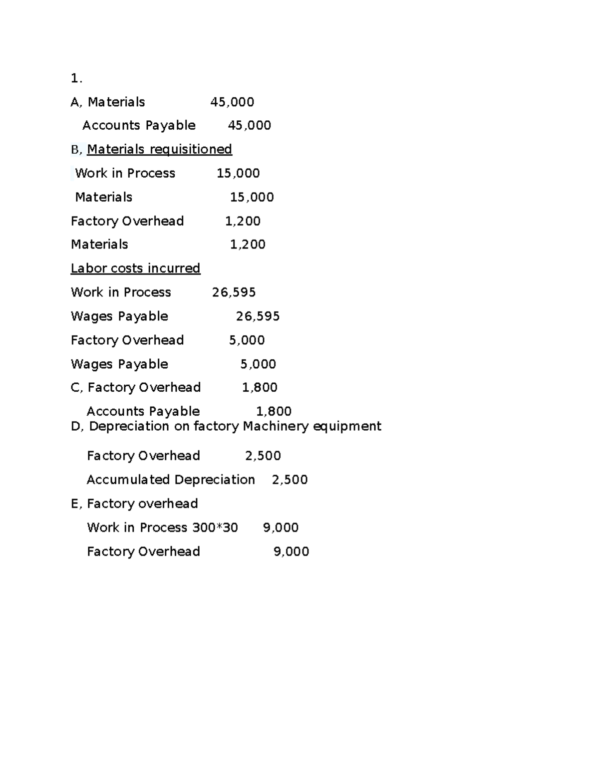 Accounting assignment 2 - 1. A, Materials 45, Accounts Payable 45, Materials 15, Factory ...