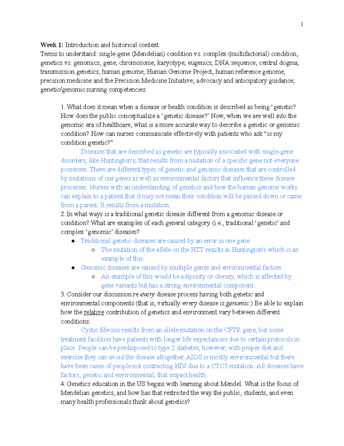 Genetics Study Guide Exam 1 - Week 1: Introduction and historical ...
