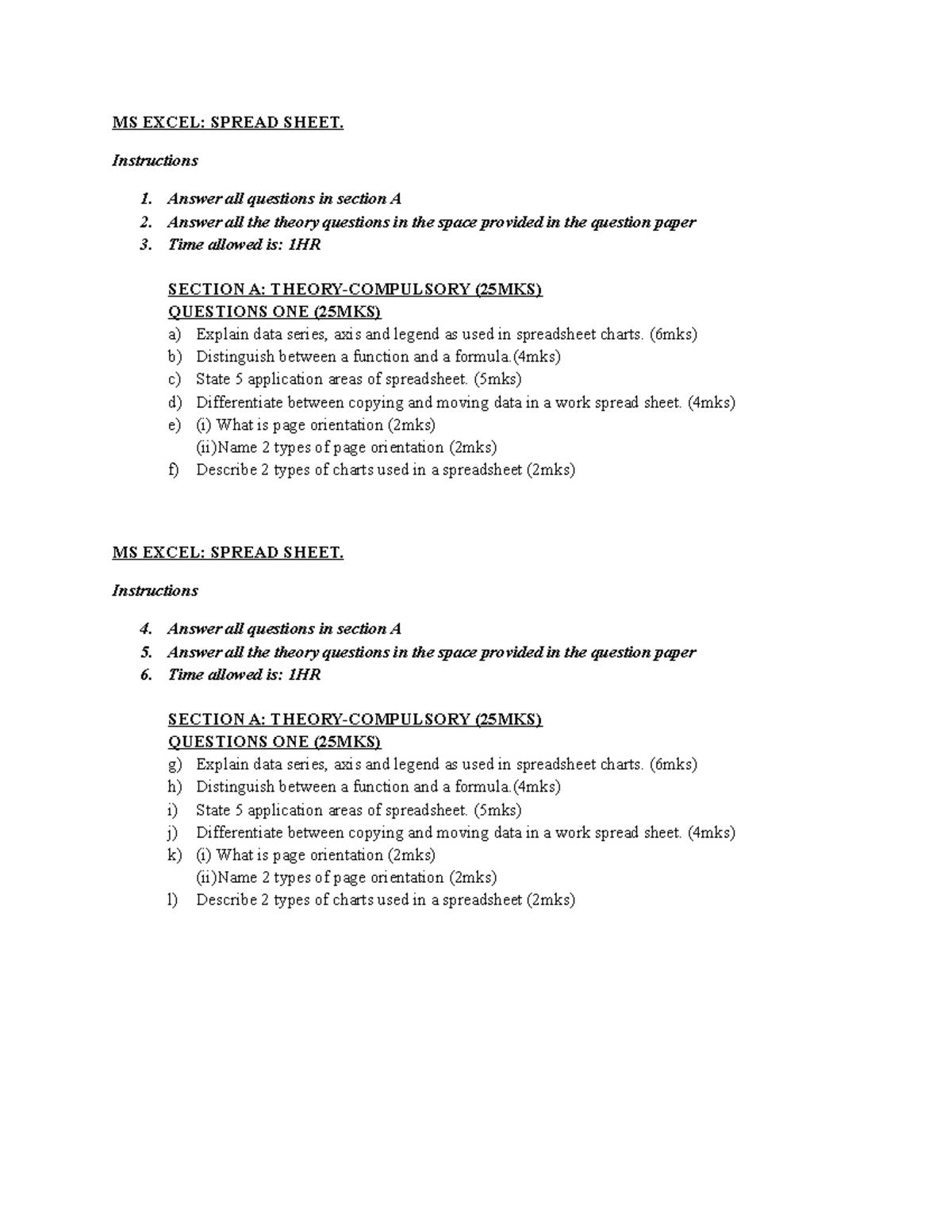 MS Exceltheory - QQQ - MS EXCEL: SPREAD SHEET. Instructions Answer all ...
