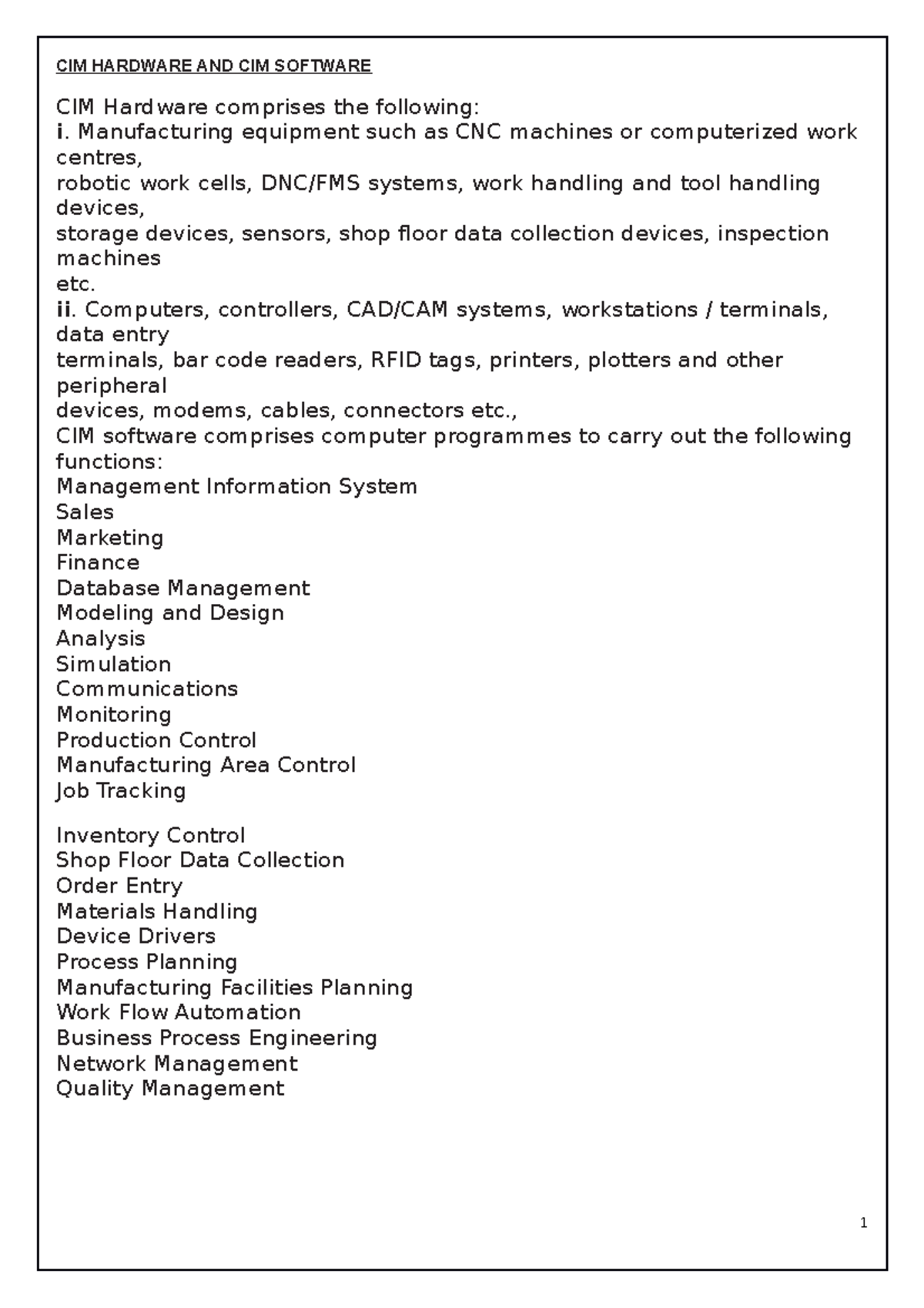CIM Hardware AND CIM Software - CIM HARDWARE AND CIM SOFTWARE CIM ...