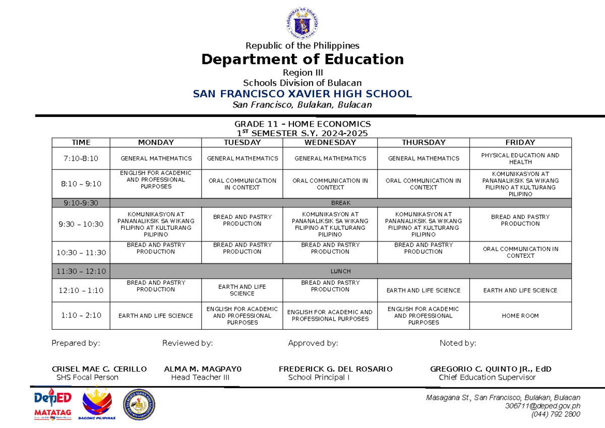 Grade 11-HE Schedule- Class - Masagana St., San Francisco, Bulakan ...