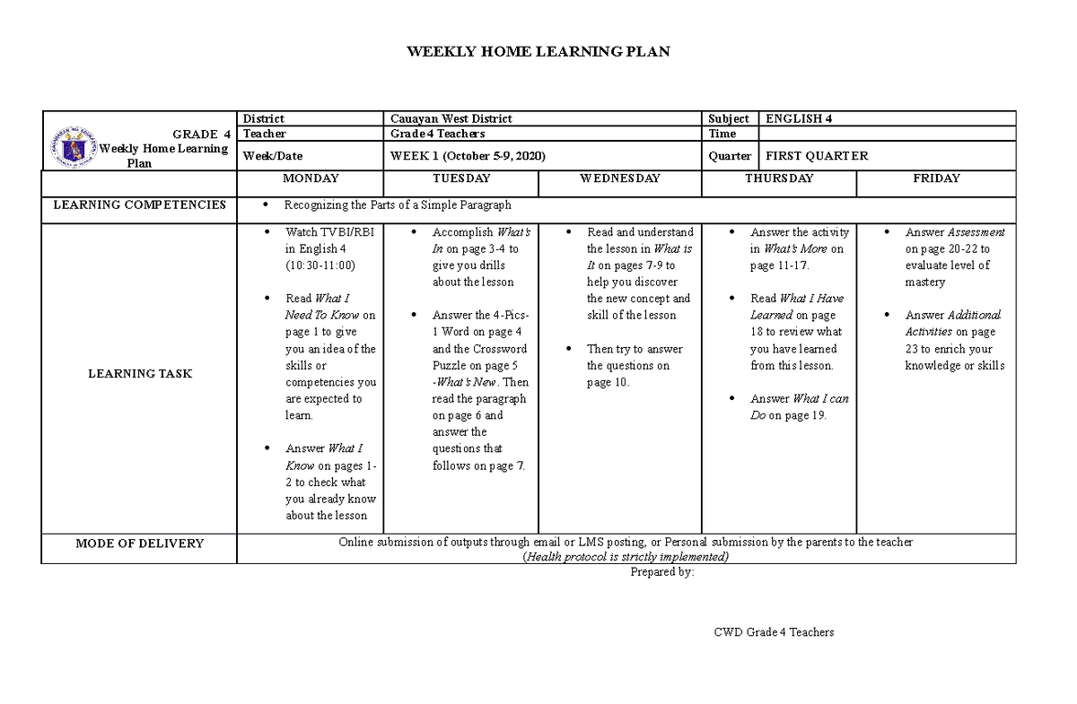G4 QI Wk I Weekly Home Plan - WEEKLY HOME LEARNING PLAN GRADE 4 Weekly ...