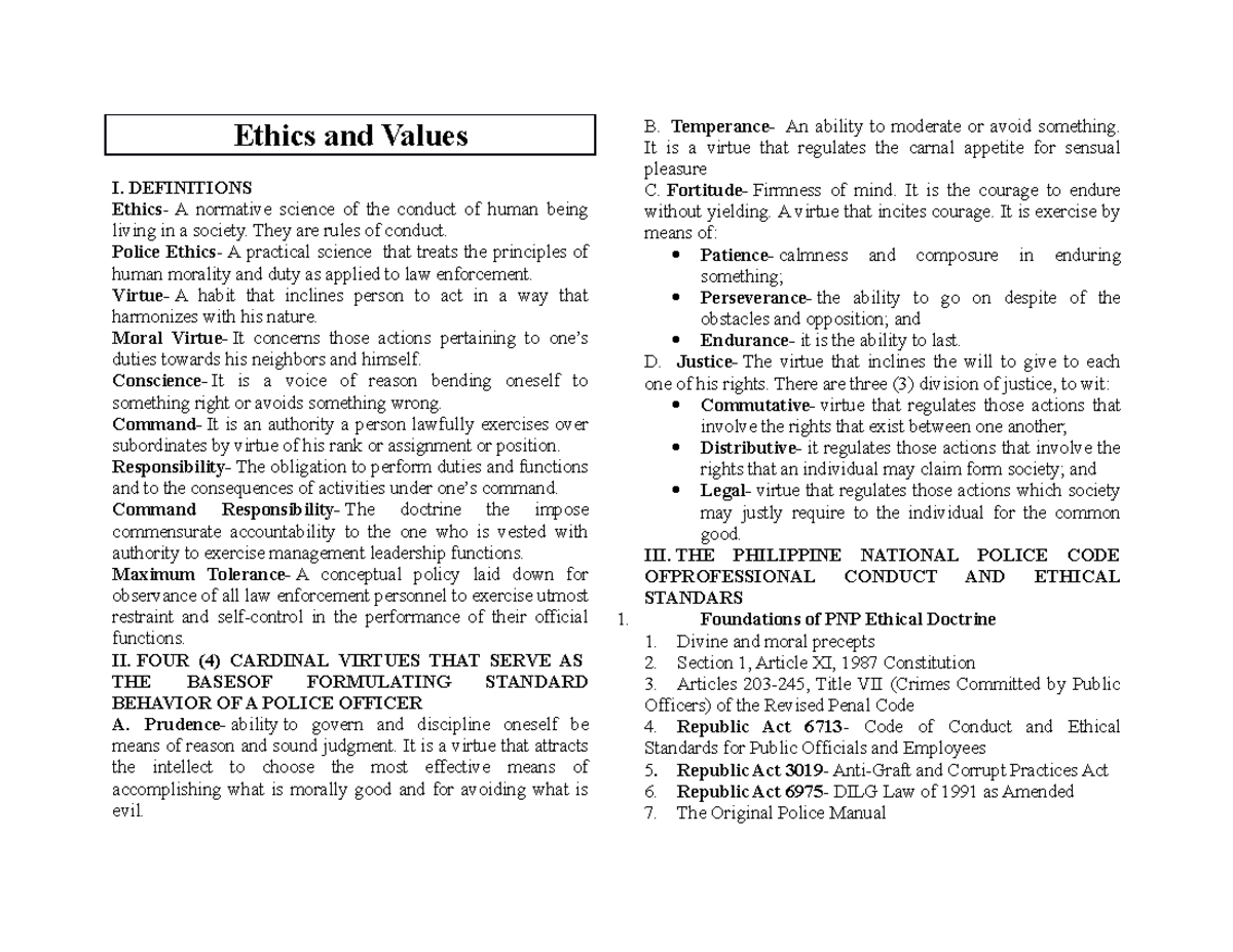 criminology reviewer - Ethics and Values I. DEFINITIONS Ethics- A normative science of the ...