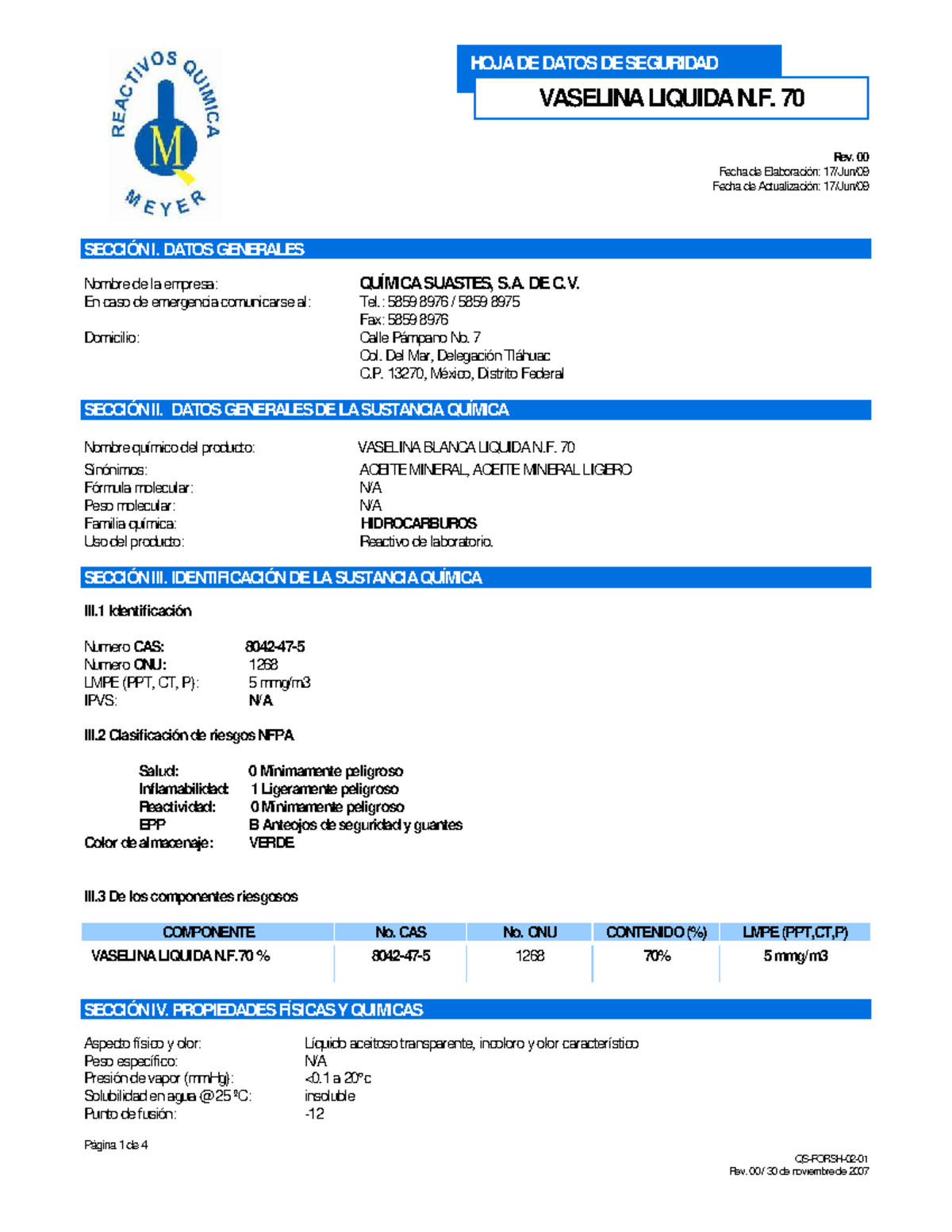 Hoja de seguridad Vaselinal - Rev. 00 Fecha de Elaboración: 17/Jun ...