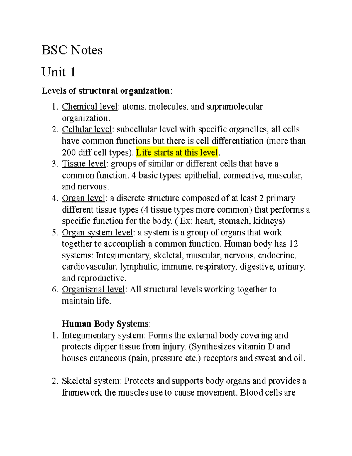 Anatomy Unit 1 Notes - BSC Notes Unit 1 Levels of structural ...