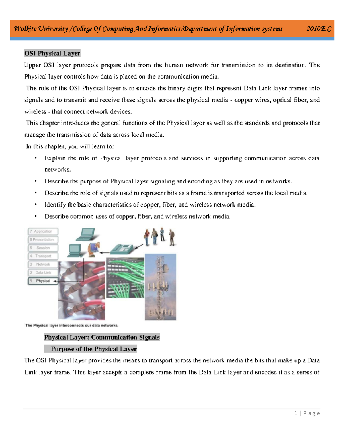 Chapter Five Lecture Note - OSI Physical Layer Upper OSI layer ...