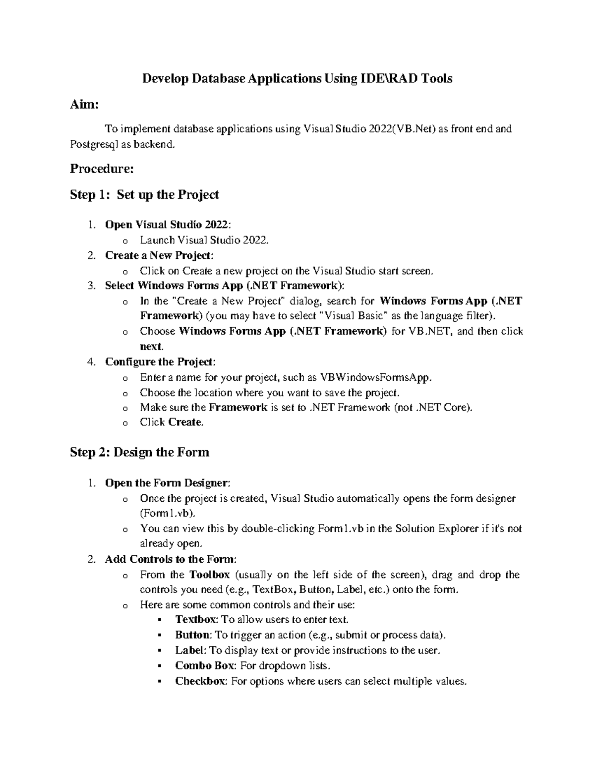 Exp7 - Lab Manual - Aim: Develop Database Applications Using IDE\RAD ...
