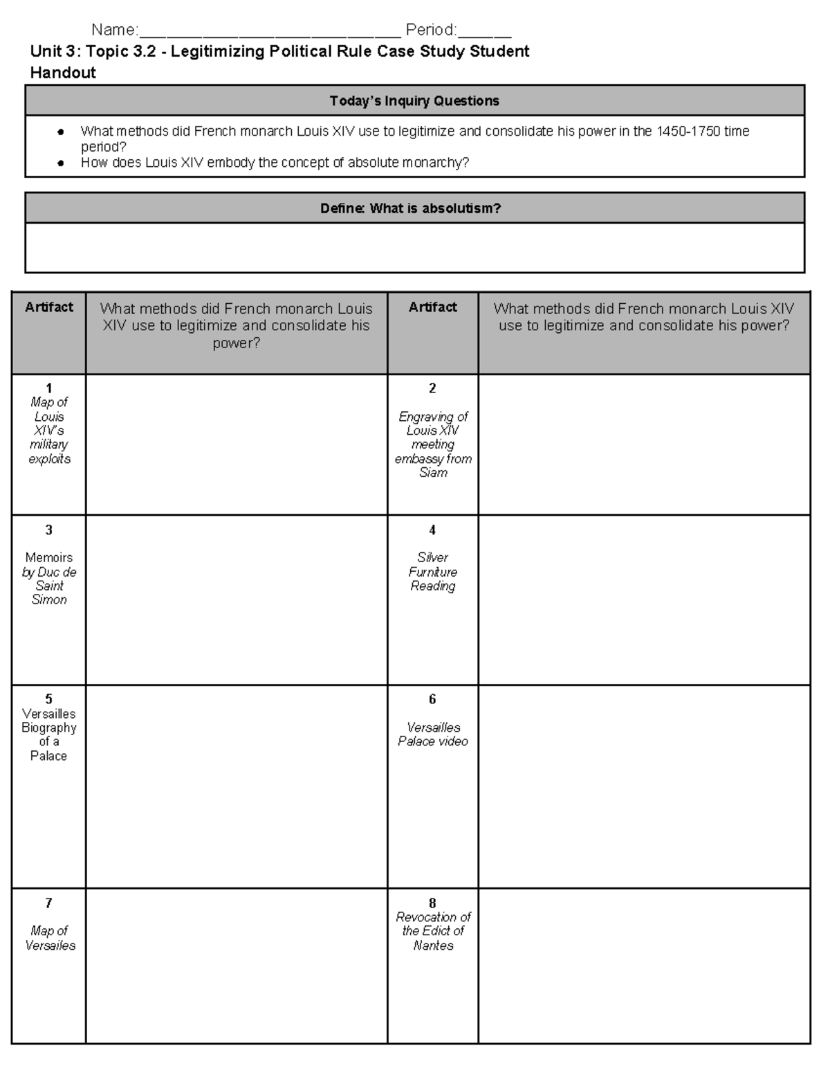 Unit 3 Absolutism Student Handout - Name ...