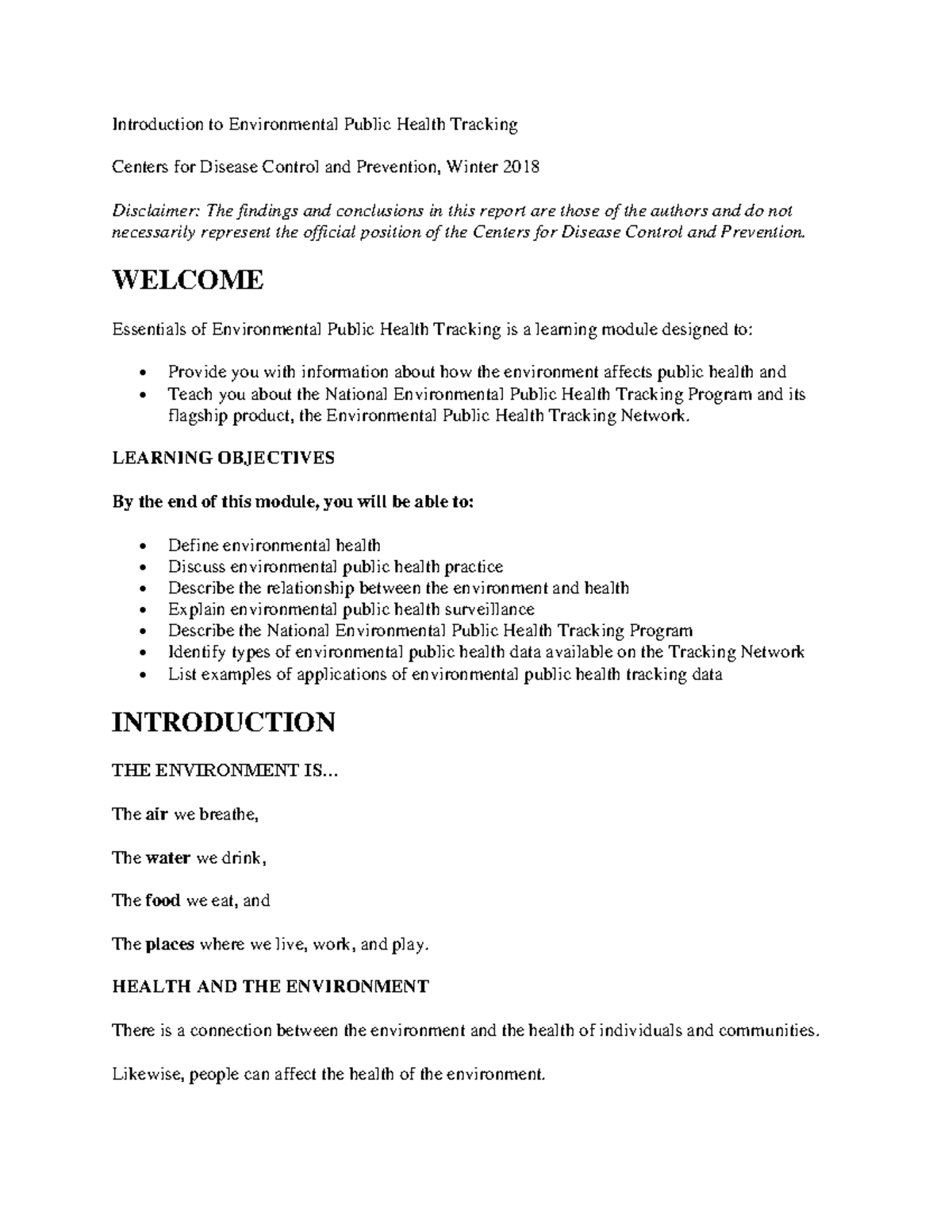 Introduction to Environmental Public Health Tracking - WELCOME ...