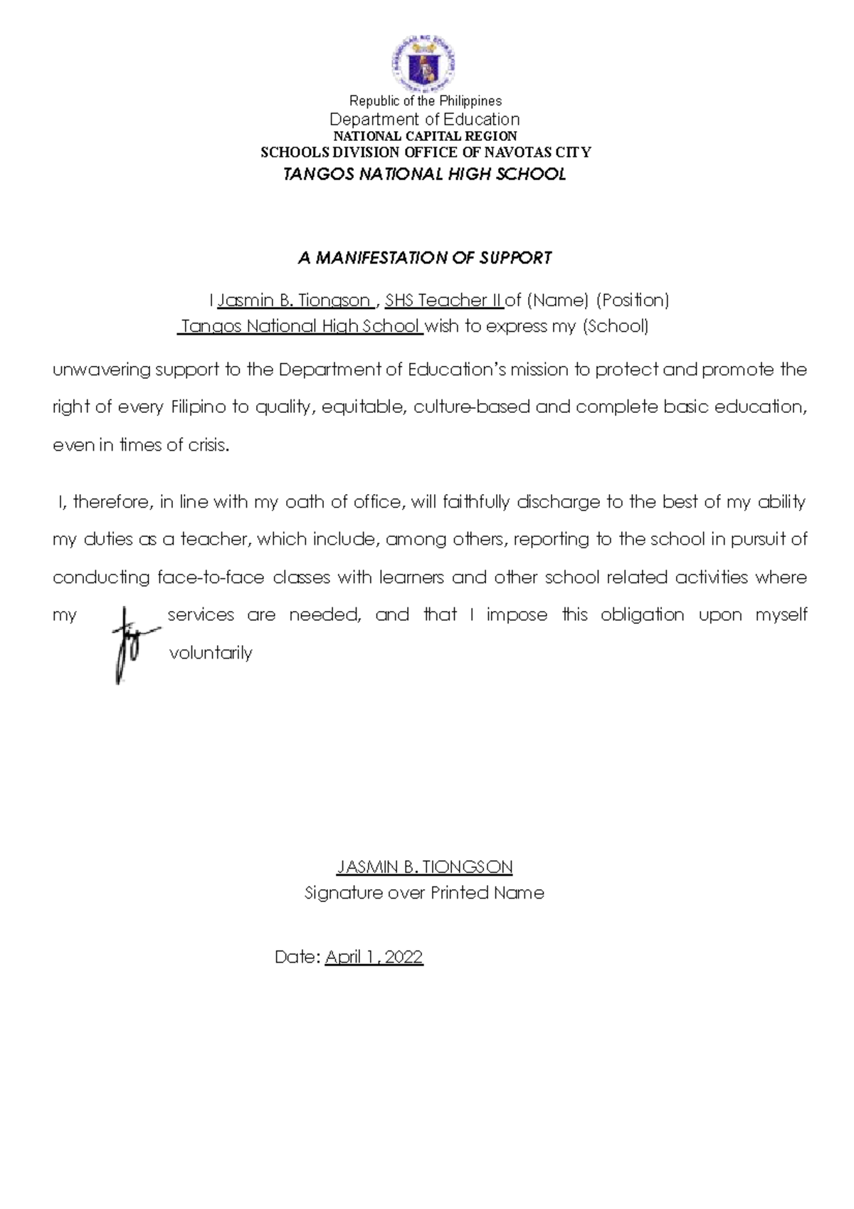 A- Manifestation-OF- Support Tiongson - Republic of the Philippines ...