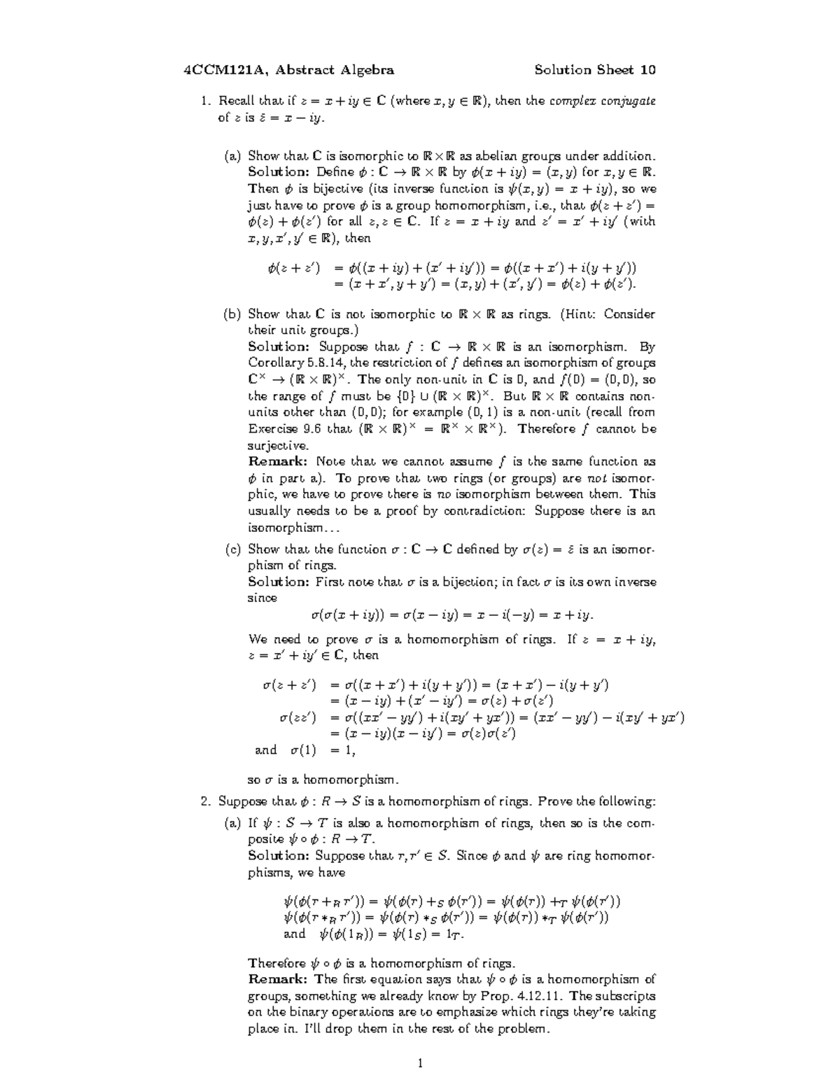HW10Solutions - course and homwork with solutions - 4CCM121A, Abstract ...