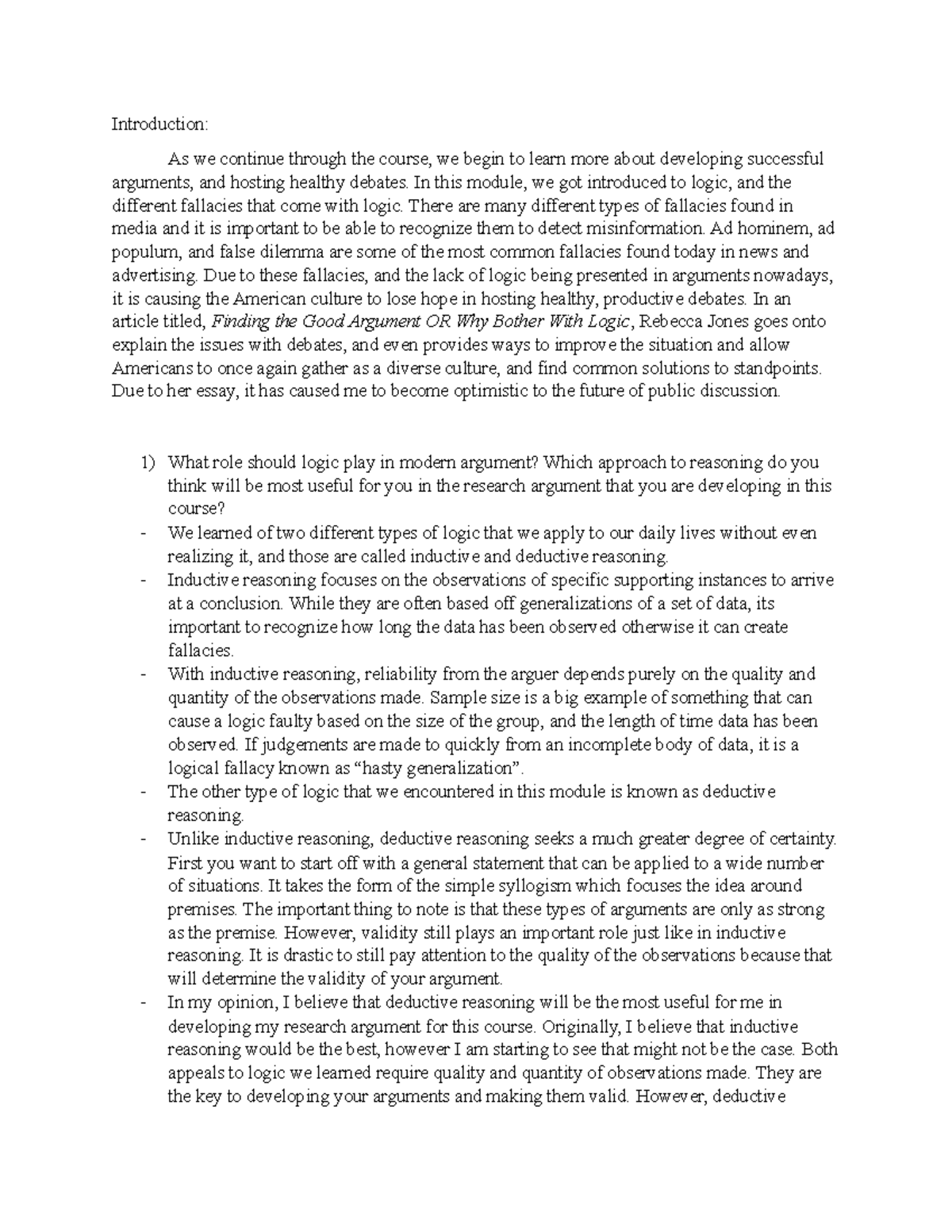 ENC1102 Module 3 Discussion - Introduction: As we continue through the ...