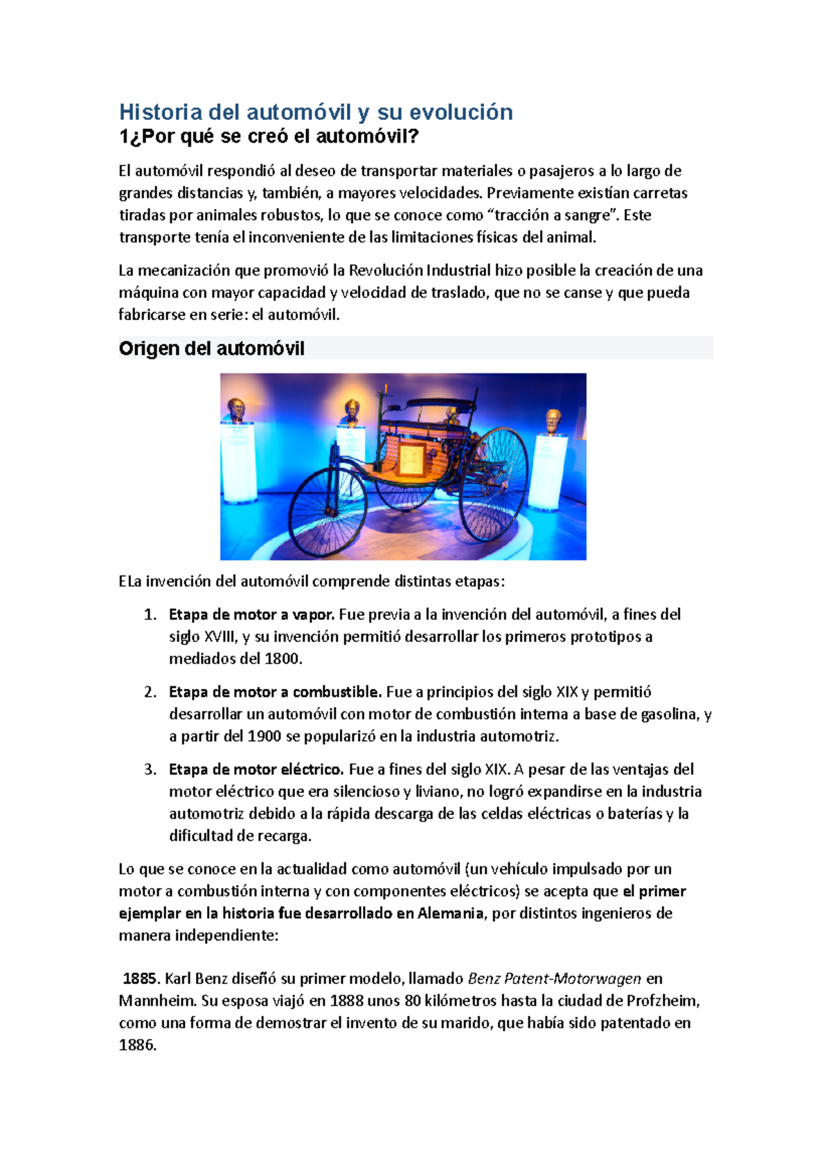 GNV - tareas - Historia del automóvil y su evolución 1¿Por qué se creó el automóvil? El ...