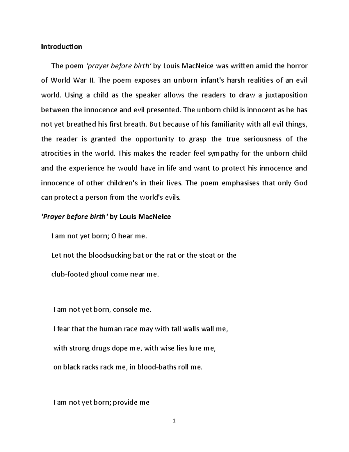 Prayer before birth by louis macneice - Introduction The poem 'prayer ...