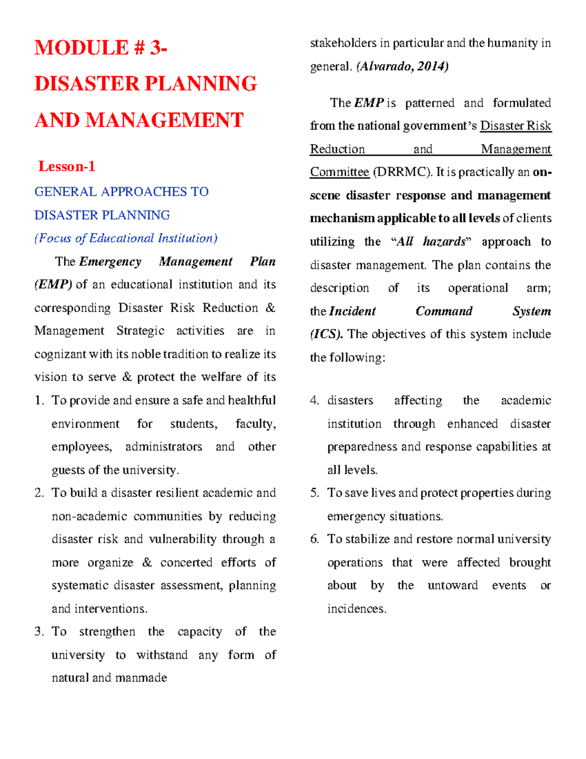 Module #3- Disaster Planning AND Management - MODULE # 3- DISASTER ...