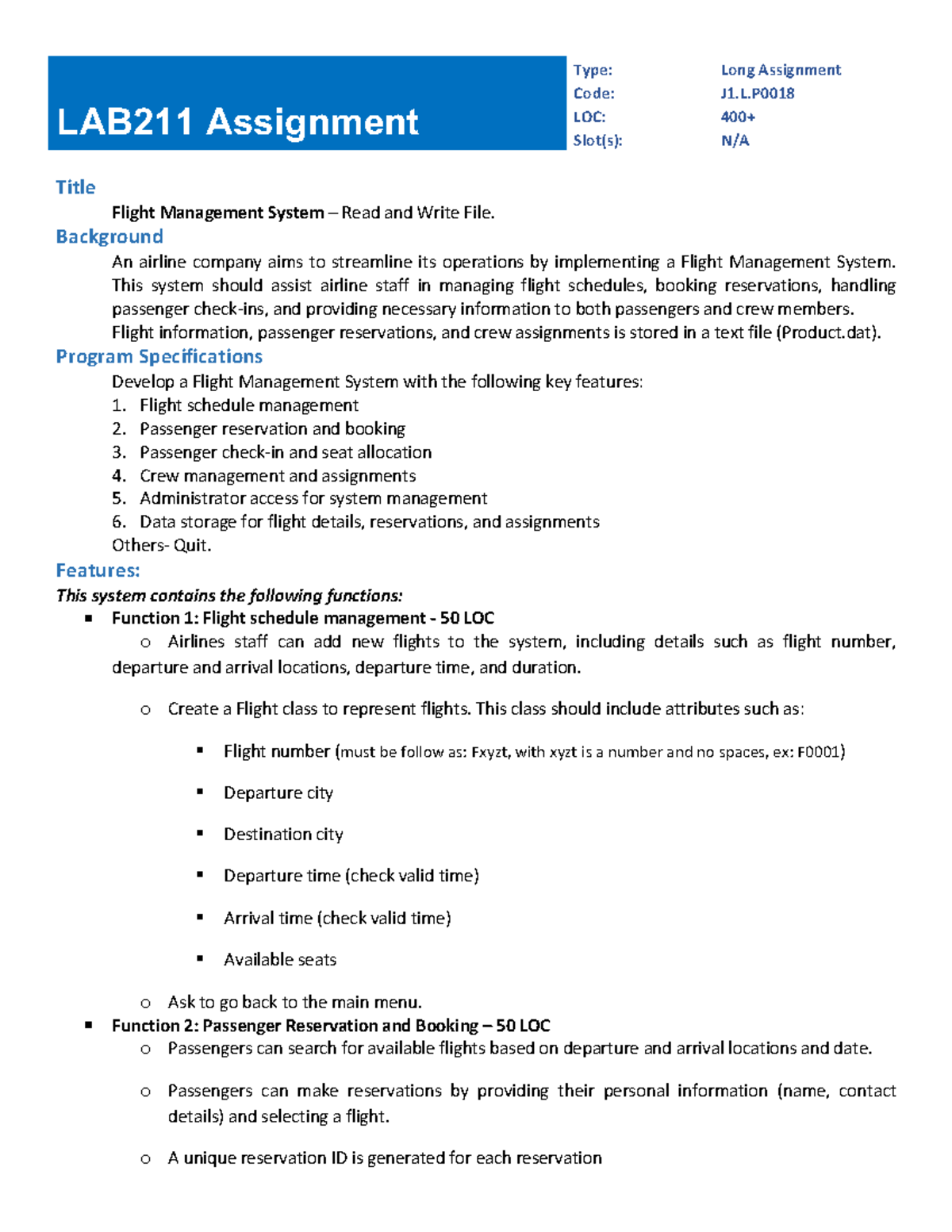 J1.L.P0019. Flight Management System-400 - LAB211 Assignment Type: Long Assignment Code: J1.L ...