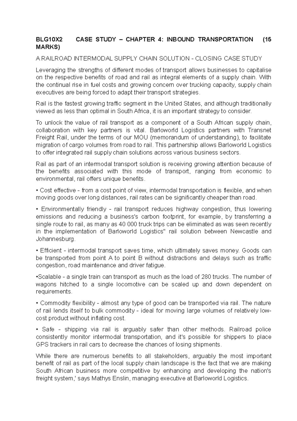 BLG10X2 Assignment Case Study - BLG10X2 CASE STUDY – CHAPTER 4: INBOUND ...