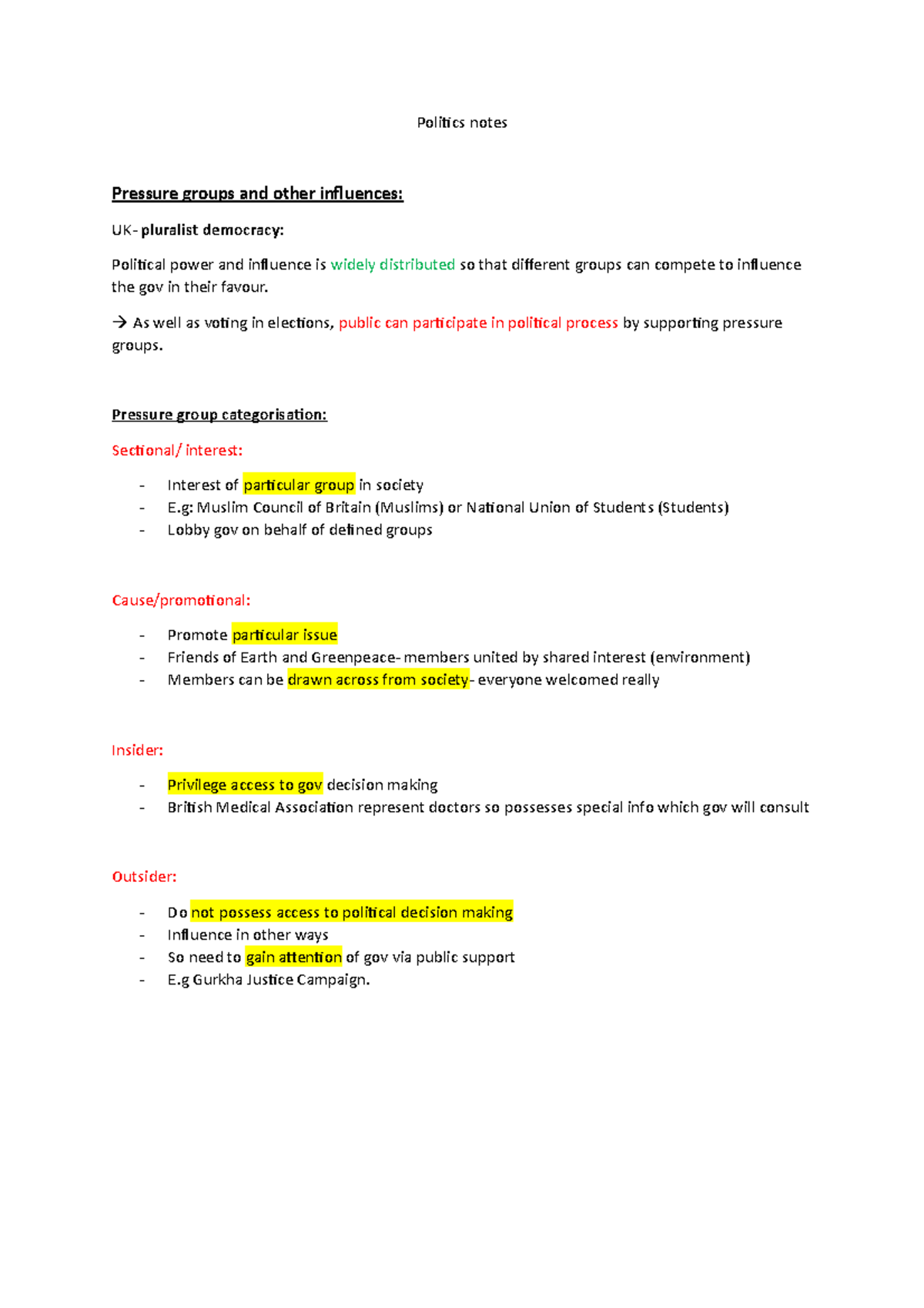 Politics notes 25-32 - SYM1234 - Politics notes Pressure groups and ...