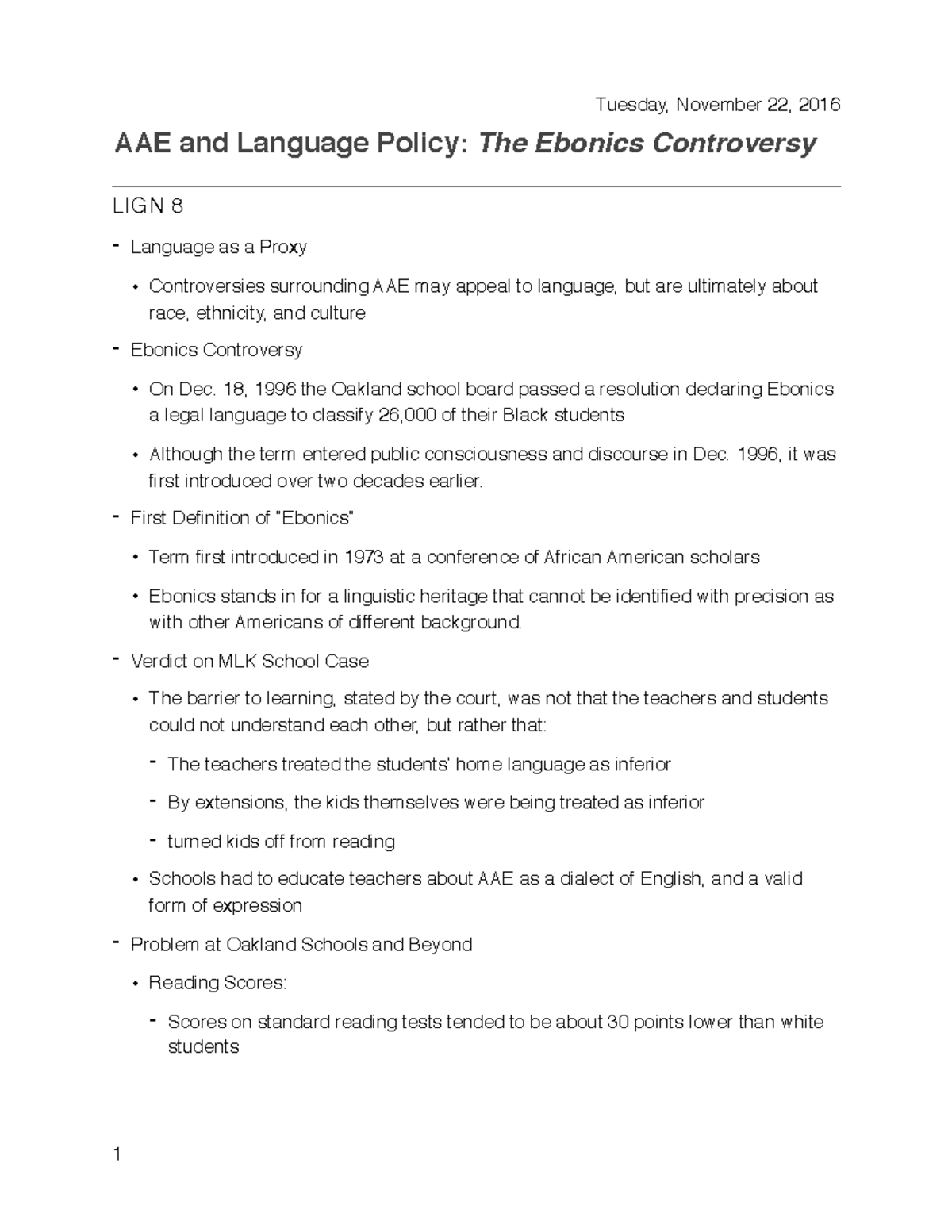 AAE and Language Policy- The Ebonics Controversy - Tuesday, November 22 ...