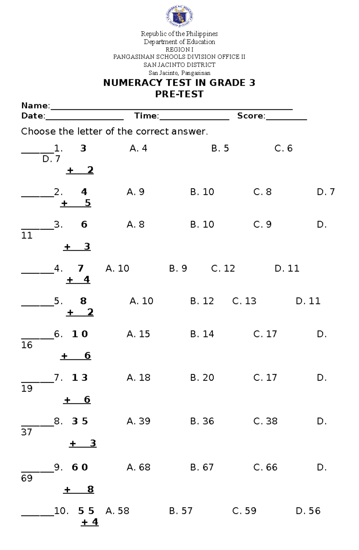 Numeracy-Test-in-Grade-I-SY-2023-2024 - Republic of the Philippines ...