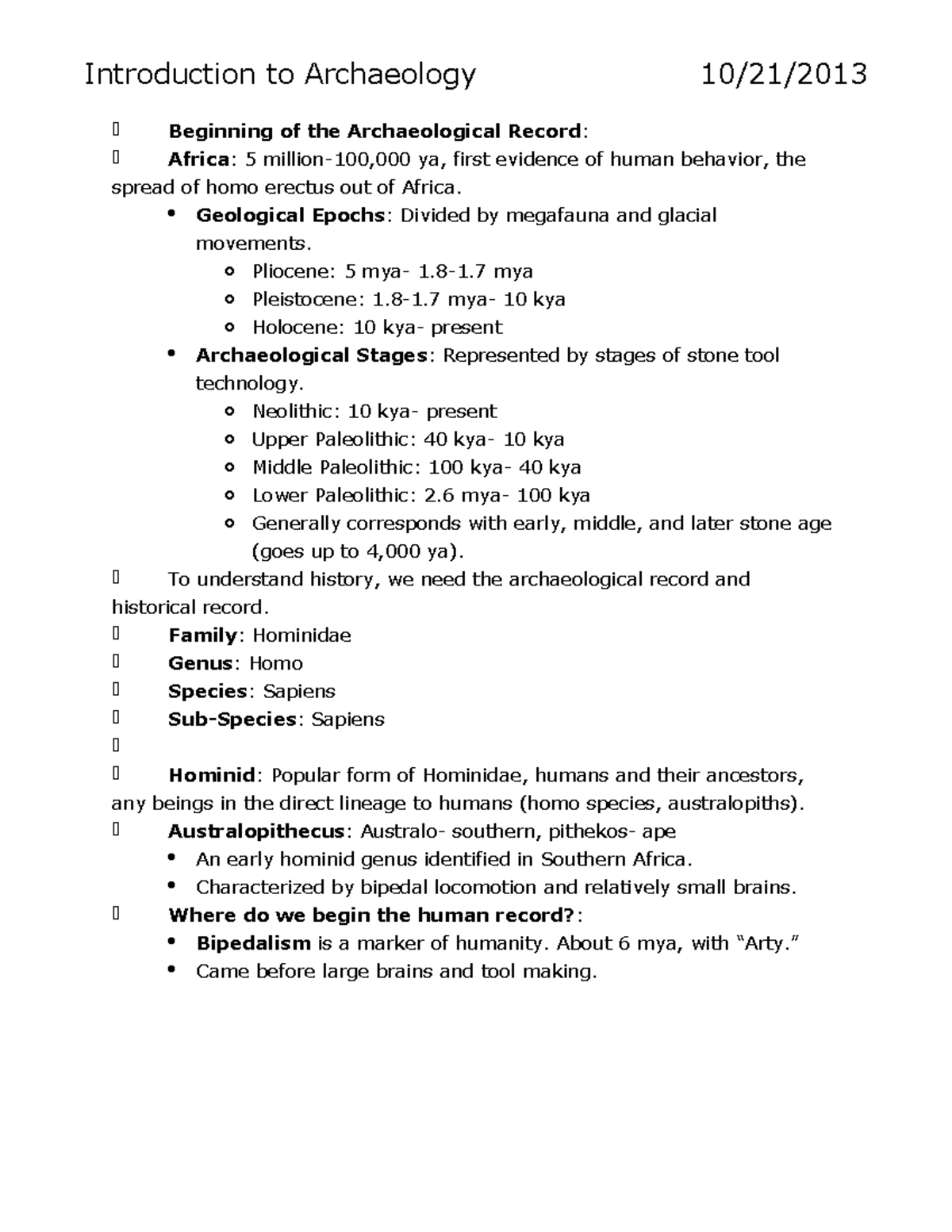 Week 9 - Lecture notes 23-25 - Beginning of the Archaeological Record ...