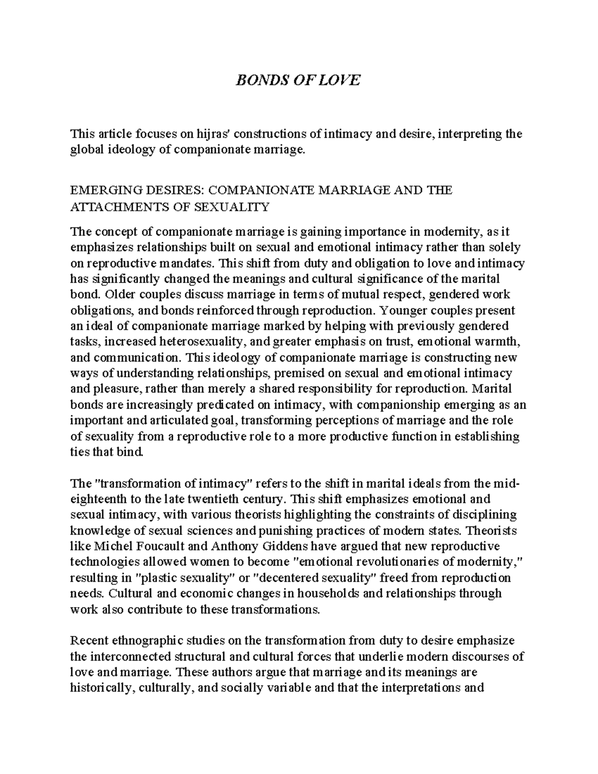 Bonds of Love - BONDS OF LOVE This article focuses on hijras ...