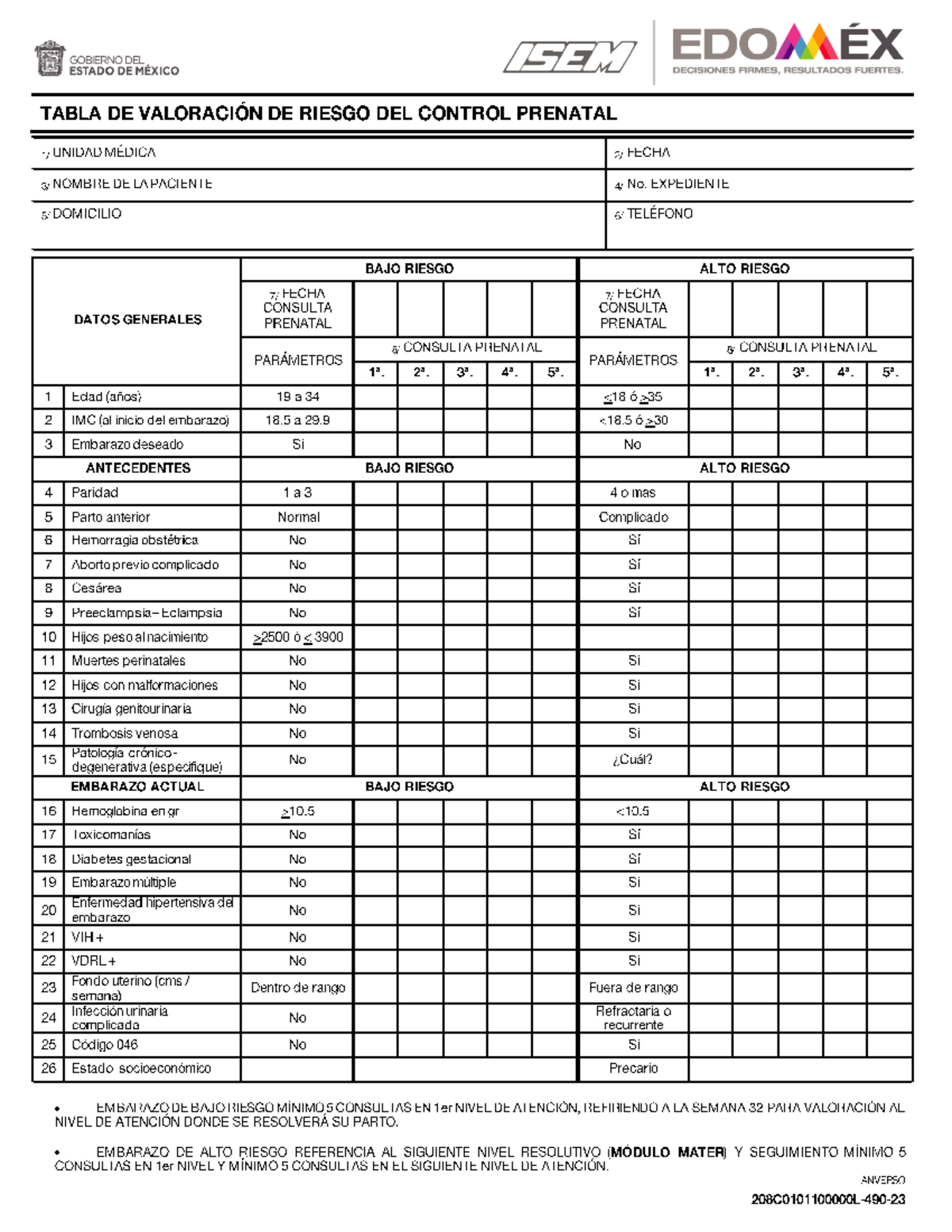 Tabla DE Valoracion DE Riesgo DEL Control Prenatal - Salud Reproductiva ...
