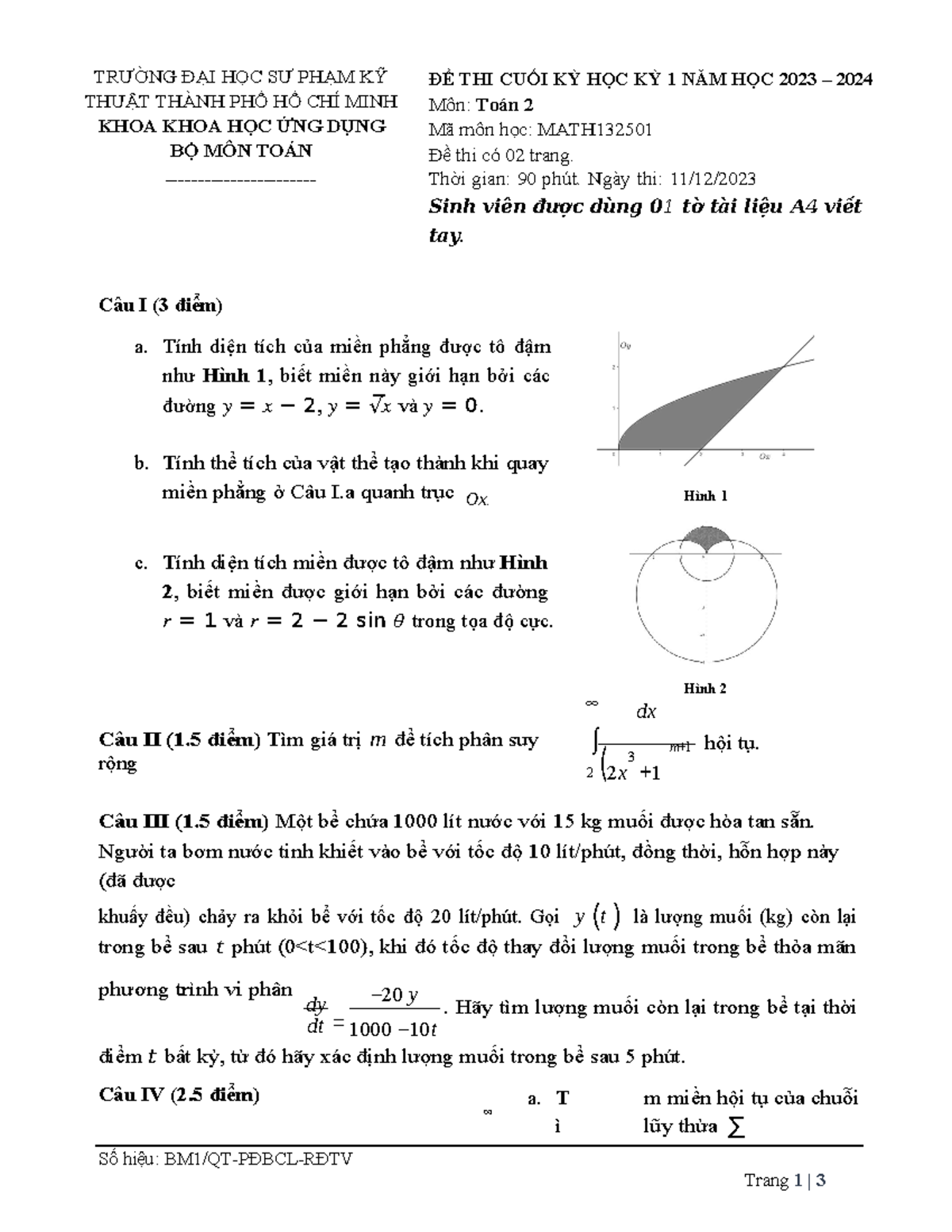 Toan2 CLC-hk1-23-24 - đề thi - Số hiệu: BM1/QT-PĐBCL-RĐTV Trang 1 | 3 ( 3 ) ∞ TRƯỜNG ĐẠI HỌC SƯ ...