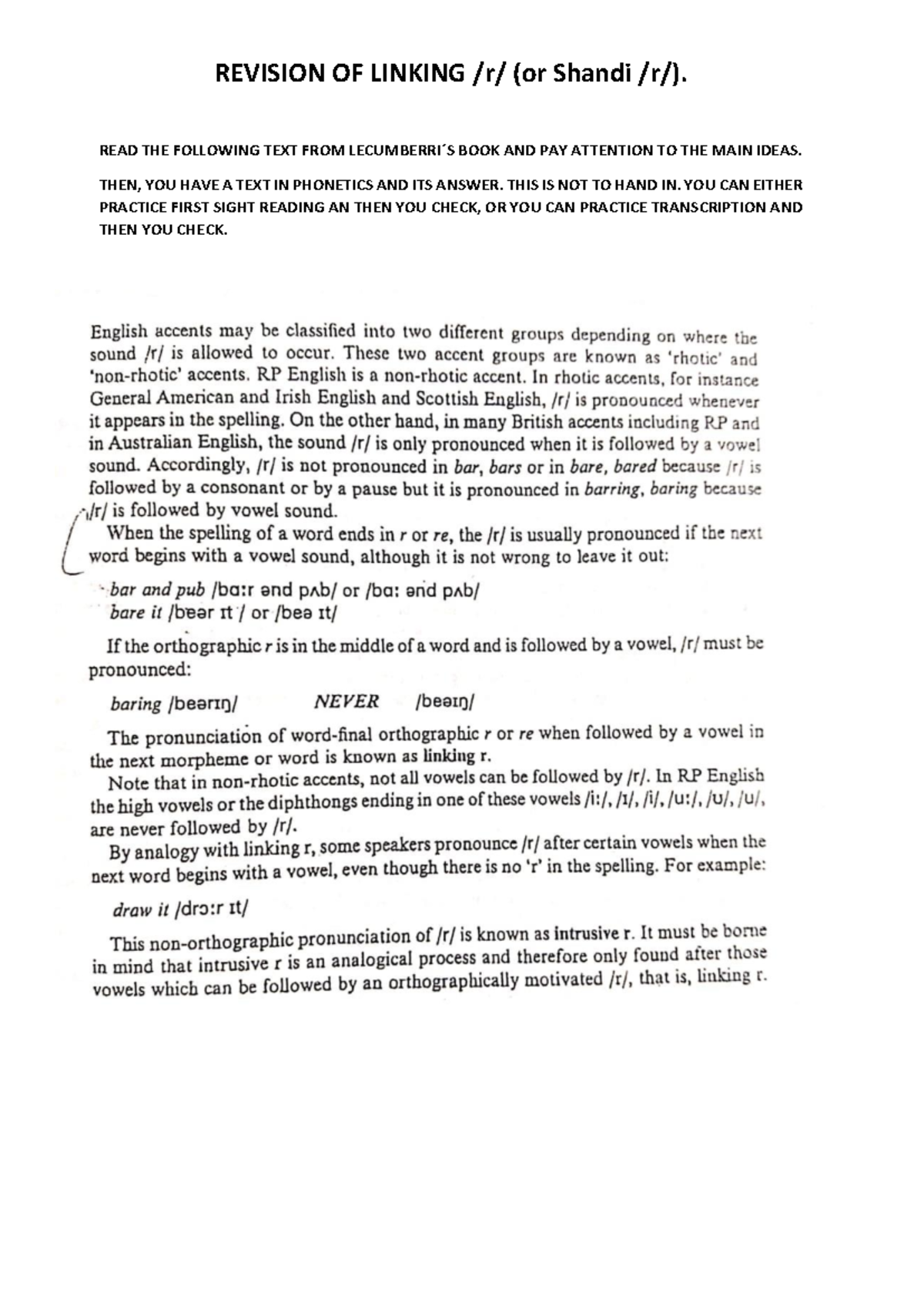 Class 13 Phonetics Material - Fonetica - REVISION OF LINKING /r/ (or ...