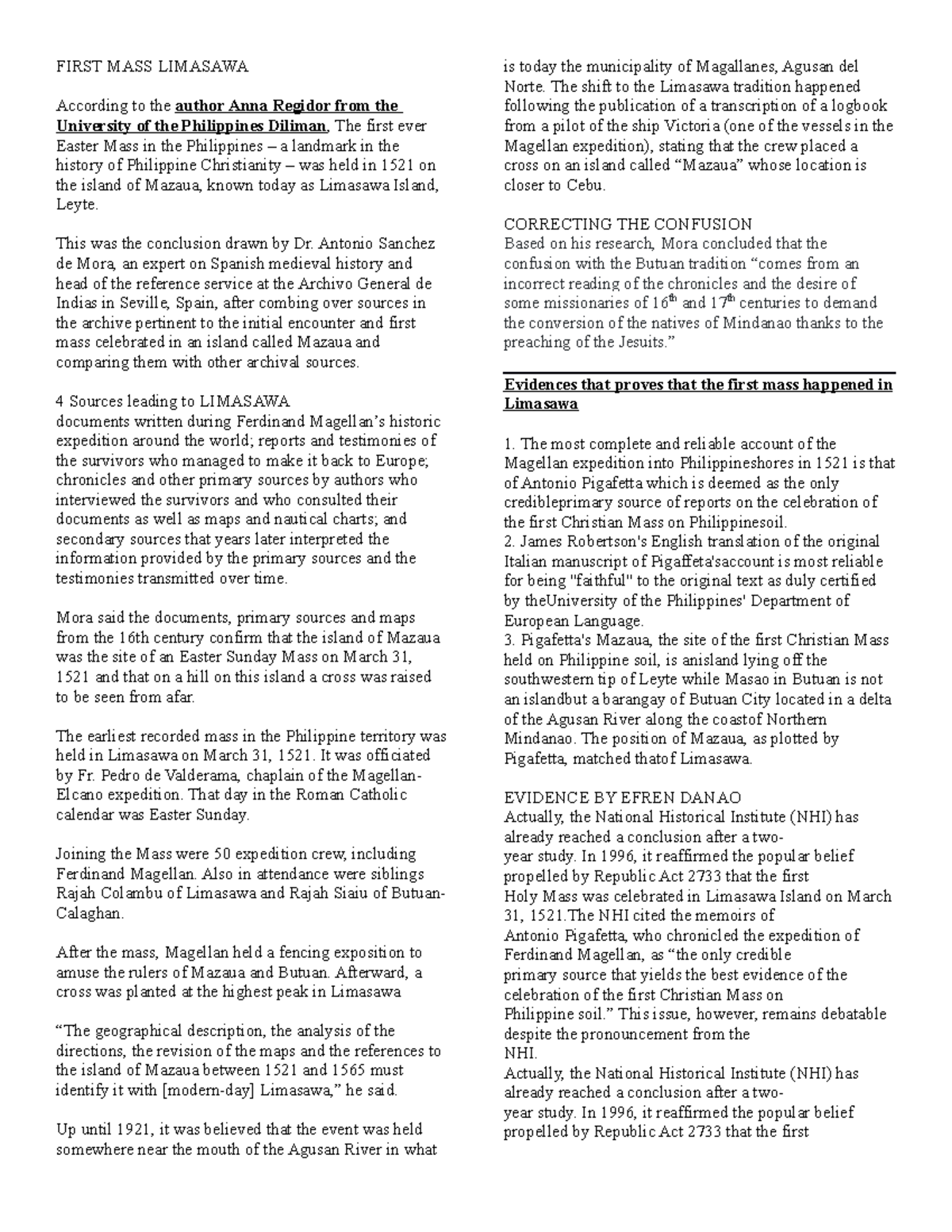 First MASS Limasawa - FIRST MASS LIMASAWA According to the author Anna ...