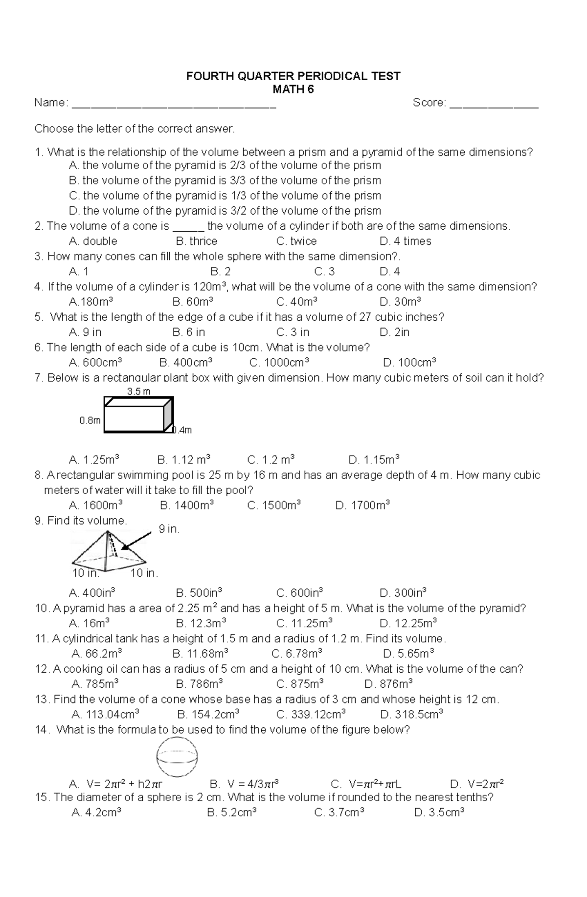 PT Mathematics 6 - Q4 V1 - Quarter exam practice sheets - FOURTH ...