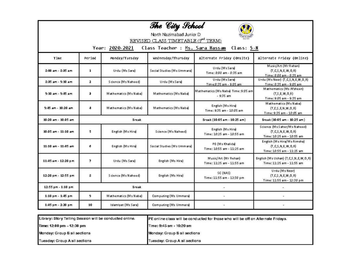 5-N - Xddx - Time Period Monday/Tuesday Wednesday/Thursday Alternate ...