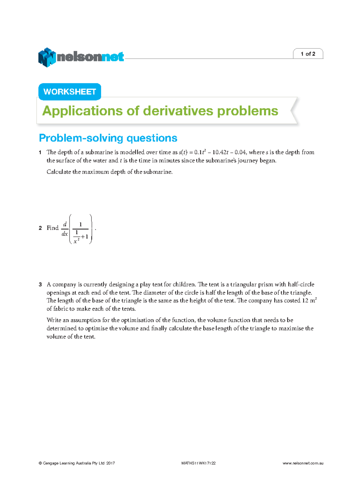 Yr 12 Adv App of derivative problems - © Cengage Learning Australia Pty ...