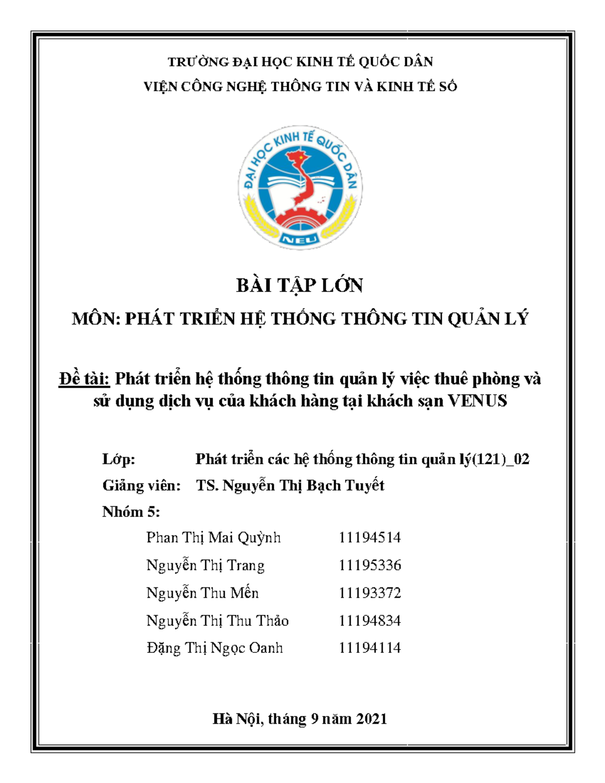 Ptht quan Ly Khach San - TRƯỜNG ĐẠI HỌC KINH TẾ QUỐC DÂN VIỆN CÔNG NGHỆ ...