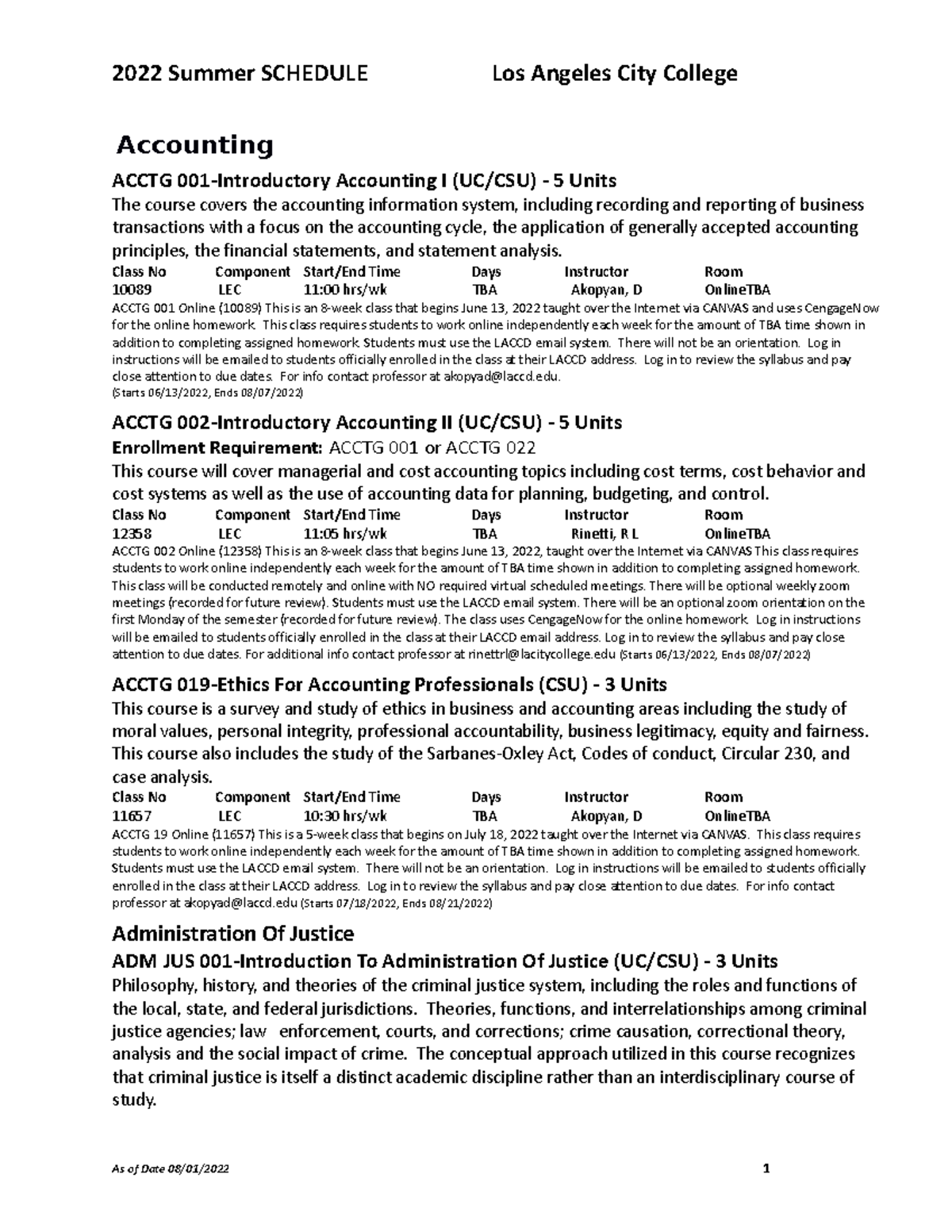 2226-Schedule-080122 - Accounting ACCTG 001-Introductory Accounting I ...