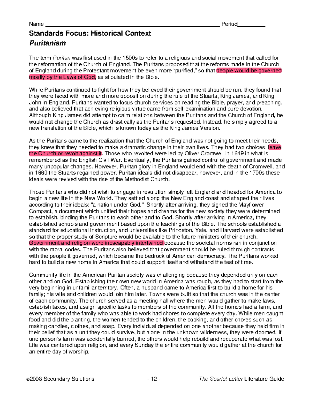 American Romanticism historical context & Puritanism - Name Period ...