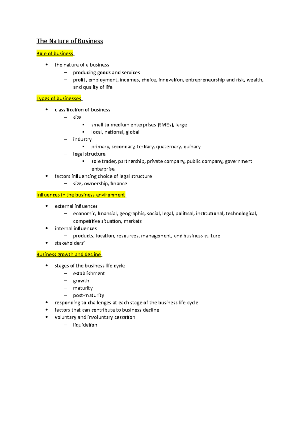 The Nature of Business Notes - The Nature of Business Role of business ...