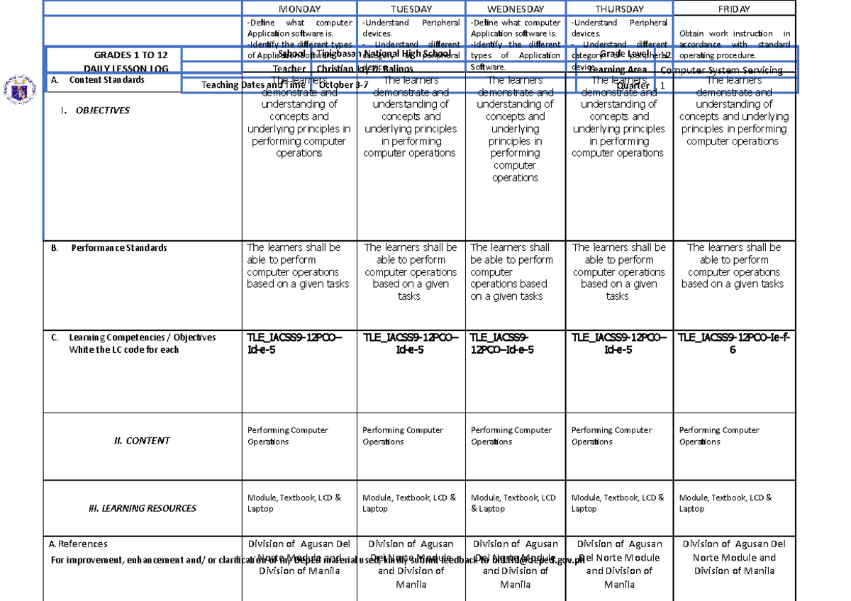 NEW Daily Lesson LOG CSS week 7 - For improvement, enhancement and/ or ...